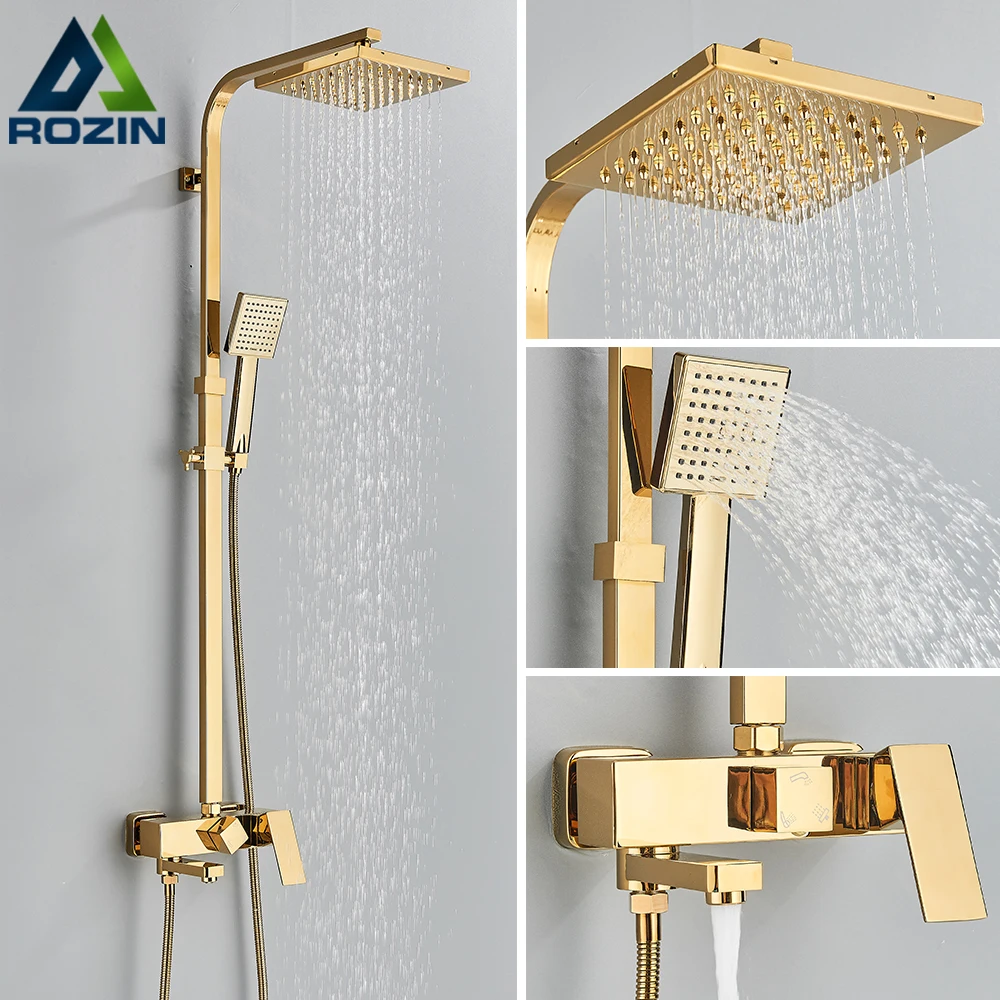 Купить Сантехника | Rozin Golden Bathroom Shower Faucet Set Gold 8" Rainfall Shower Mixer Crane ...