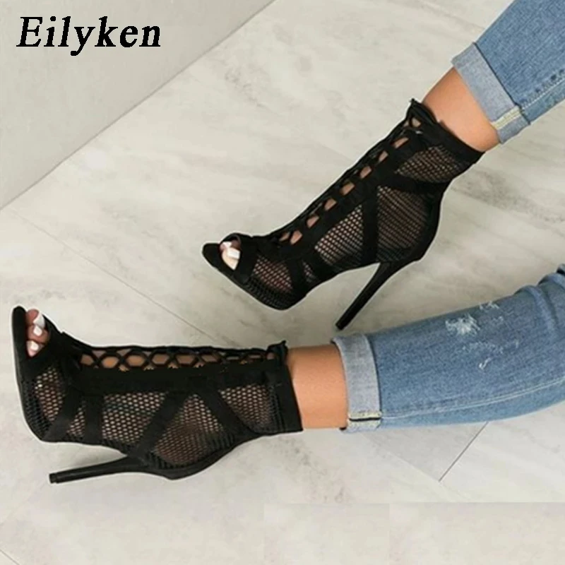 Купить Женская обувь | Eilyken Fashion Black Summer Sandals Lace Up Cross-tied Peep Toe High ...